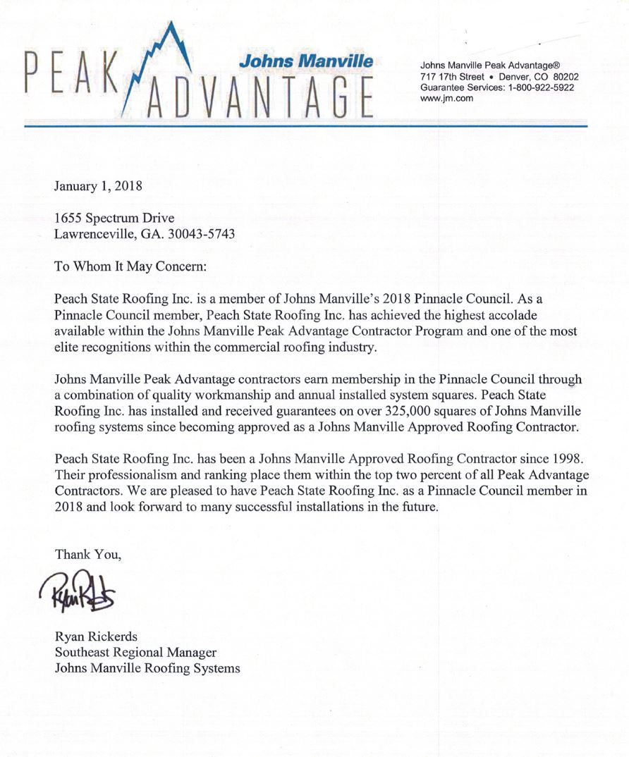Letter from Johns Manville to Peach State Roofing Inc - Peach State ...